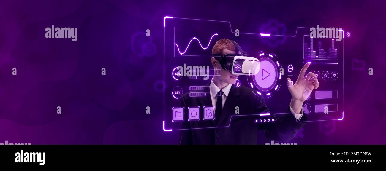 Man, employee wearing VR glasses and working on virtual holographic ...