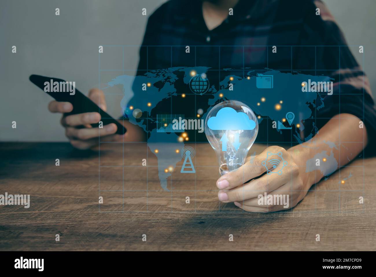 man Hand holding Light bulb Global Internet connection. Business global ...