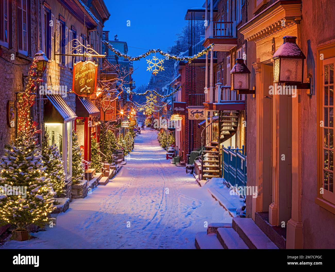 Petit Champlain with Snow and Illuminated, Old Quebec City, Quebec ...