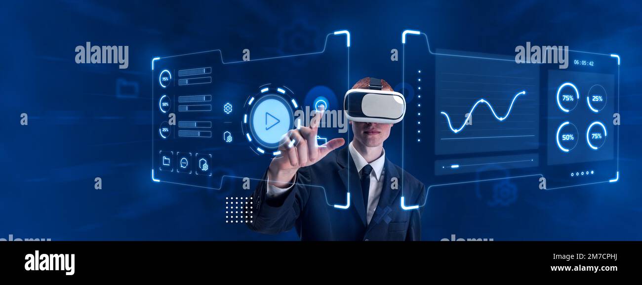 Woman, employee wearing VR glasses and working on virtual holographic ...