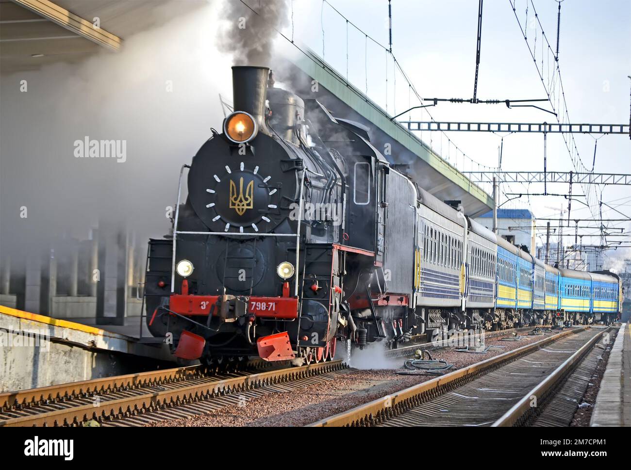 Christmas express with retro steam locomotive ER-798-71 arriving to the ...