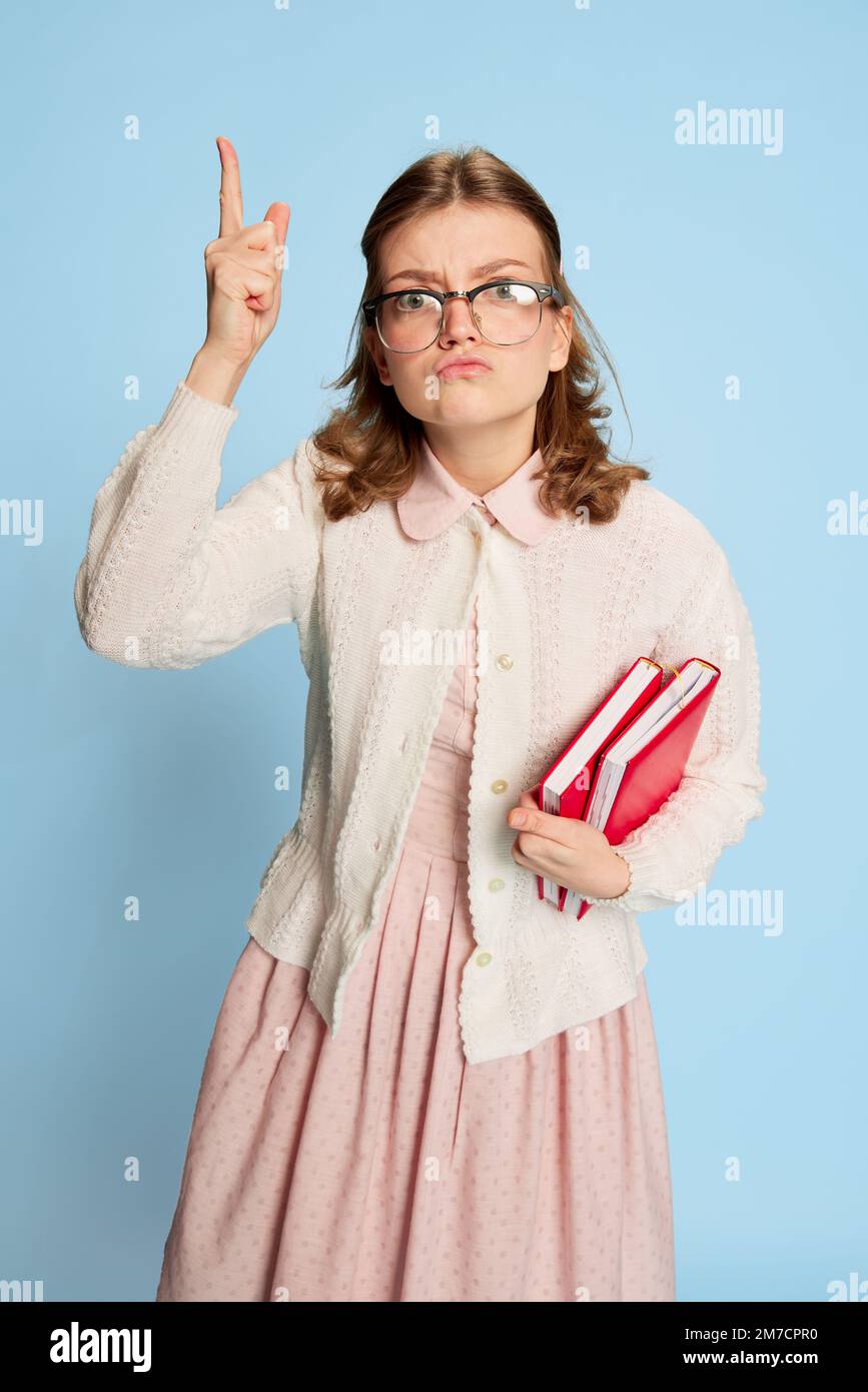 Portrait of funny beautiful girl in vintage style outfit posing over ...