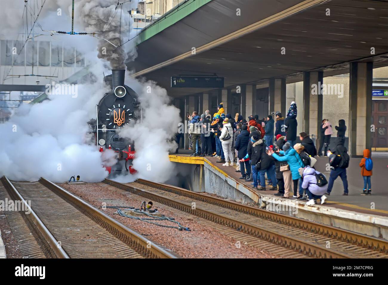 Christmas express with retro steam locomotive ER-799-18 arriving to the ...