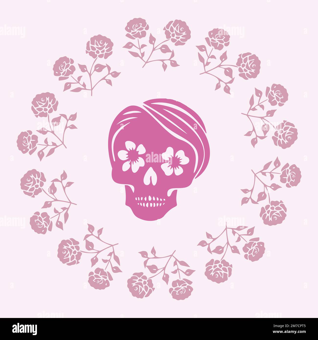 Floral skull tattoo low brow illustration. Vector gothic skeleton ink ...