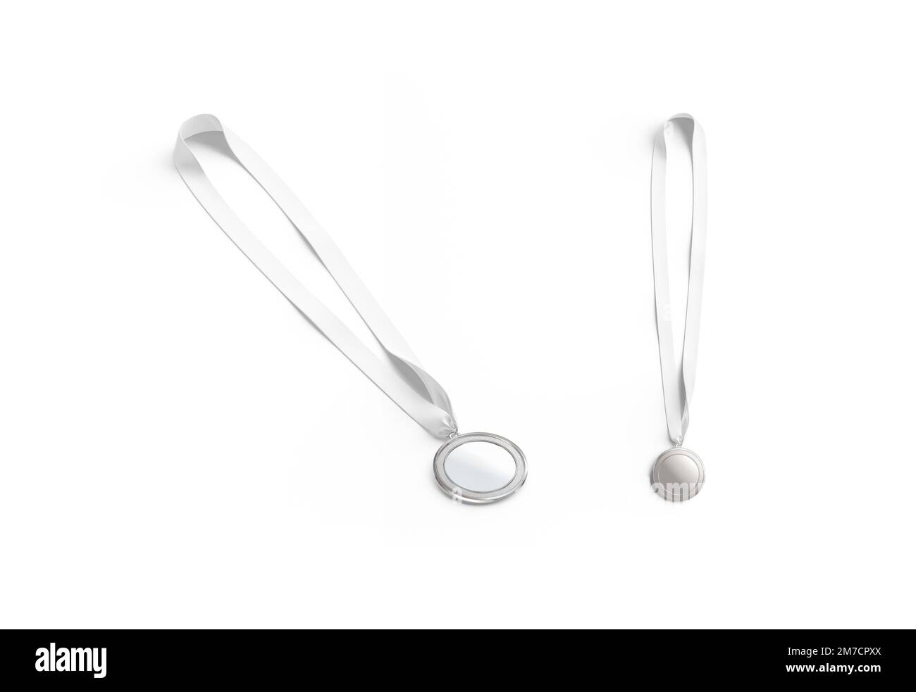 Blank silver medal with ribbon mockup, side and top view, 3d rendering ...