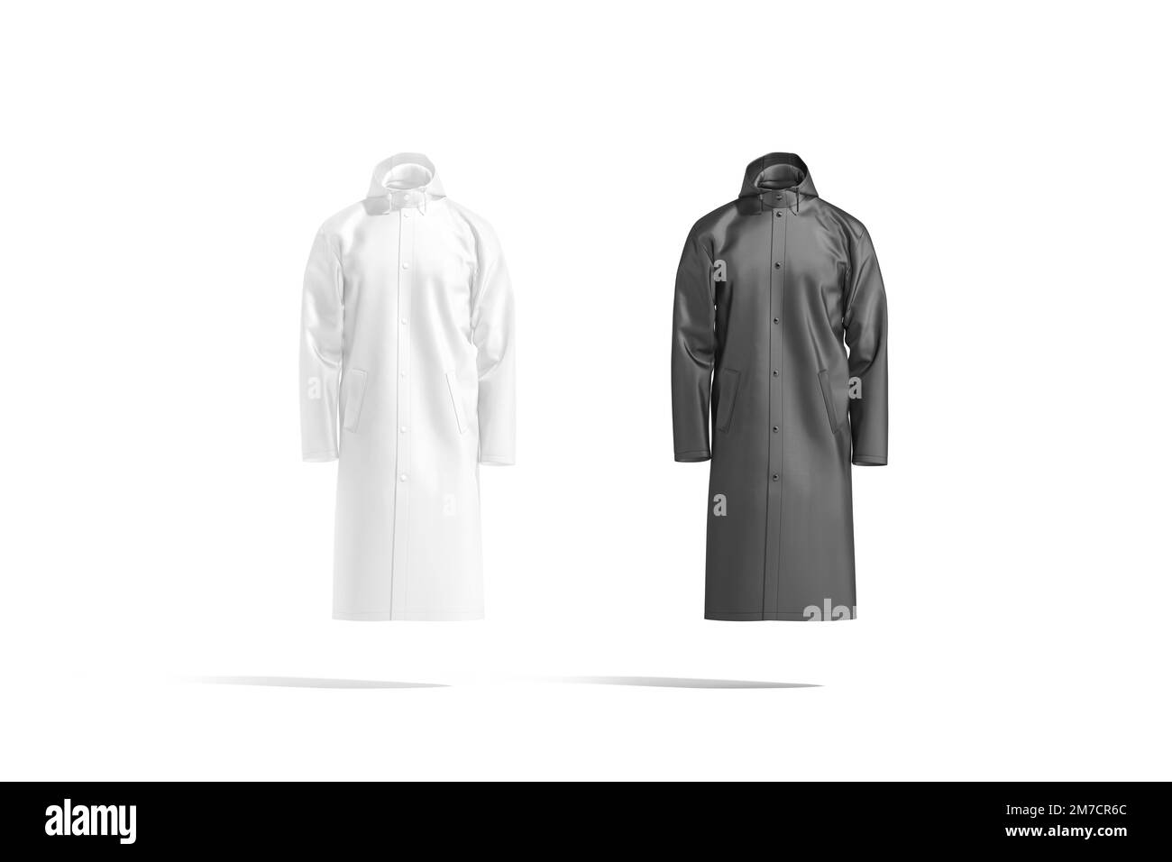 Blank black and white protective raincoat mockup, front view, 3d ...