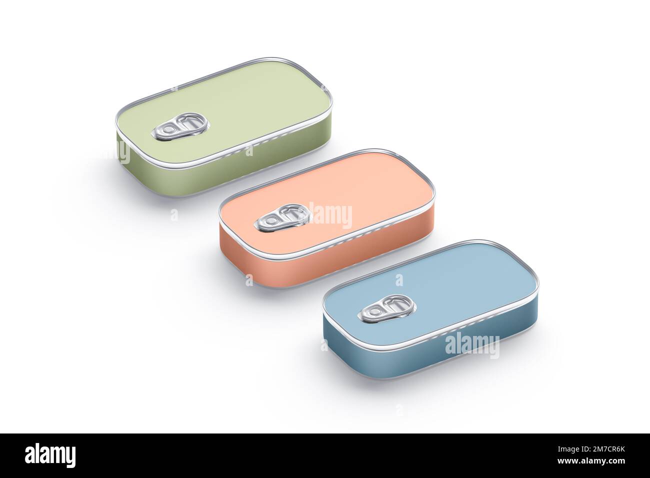 Blank colored aluminum sardine conserve can label mockup, side view, 3d ...