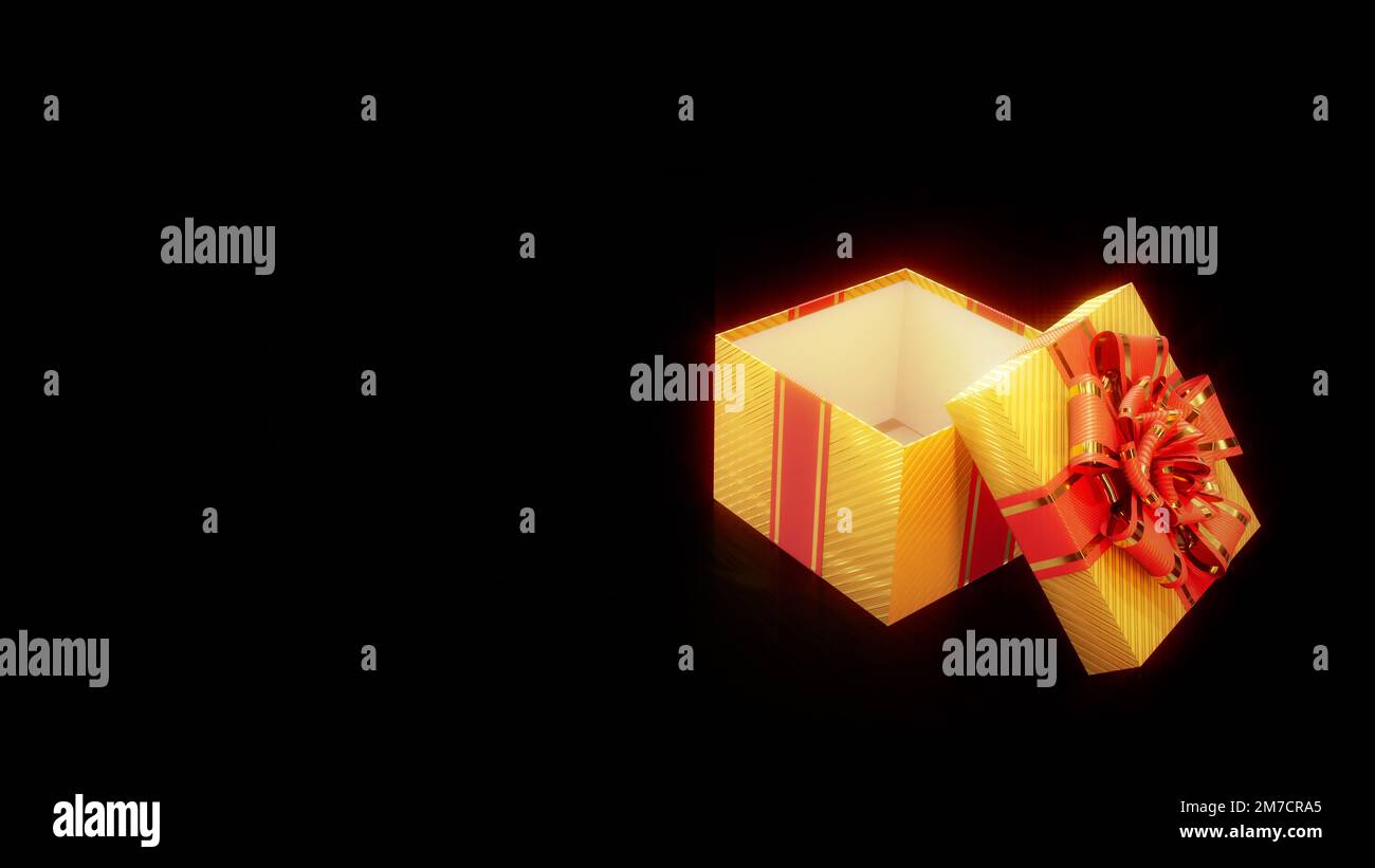 opened decorated gold and red giftbox on black, isolated - object 3D ...