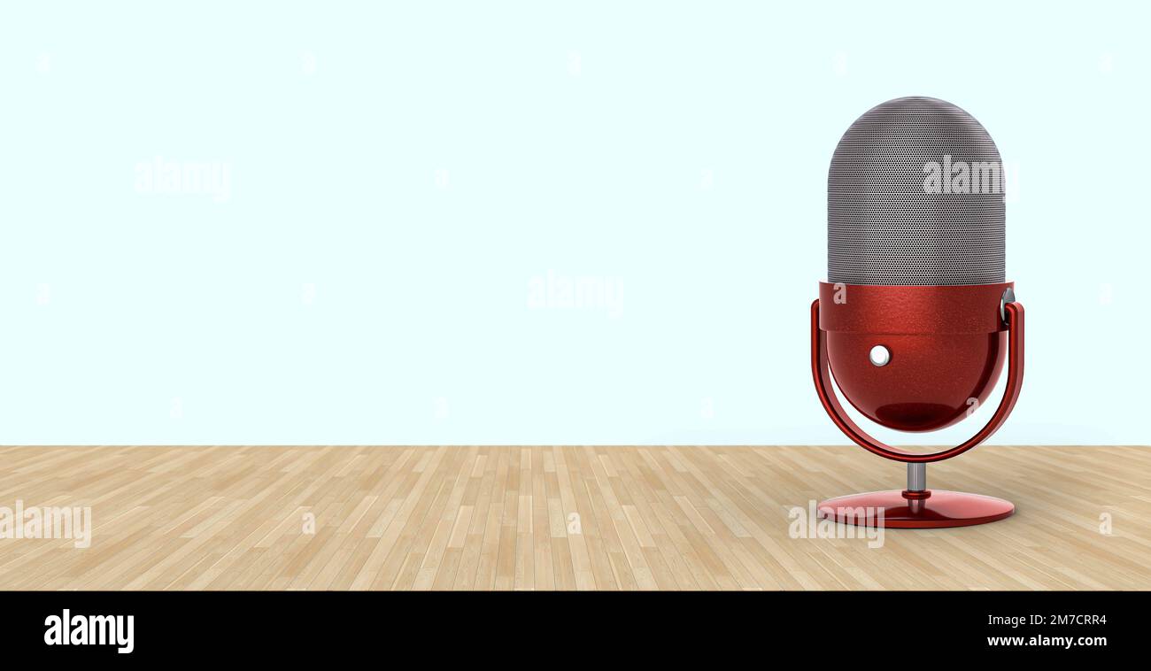 Table microphone in red color for Podcast on a wooden table and light ...