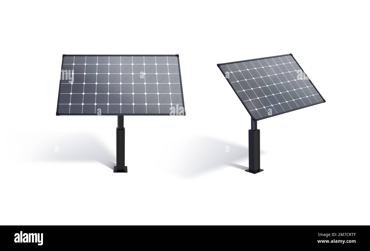 Blank black solar panel mockup stand, front and side view Stock Photo ...