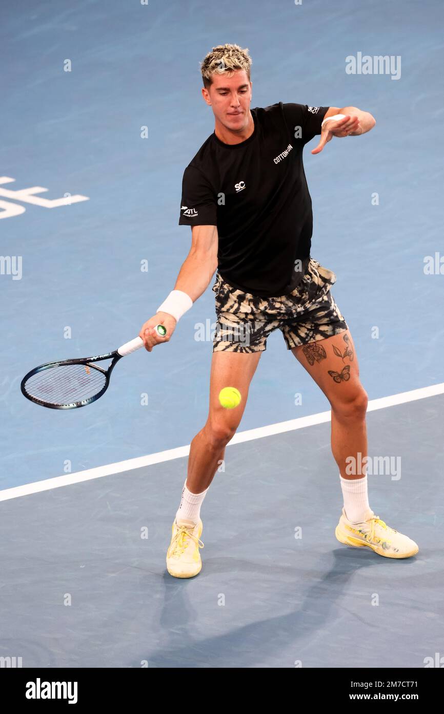 Adelaide, Australia, 9 January, 2023. Thanasi Kokkinakis of Australia plays a forehand during ...