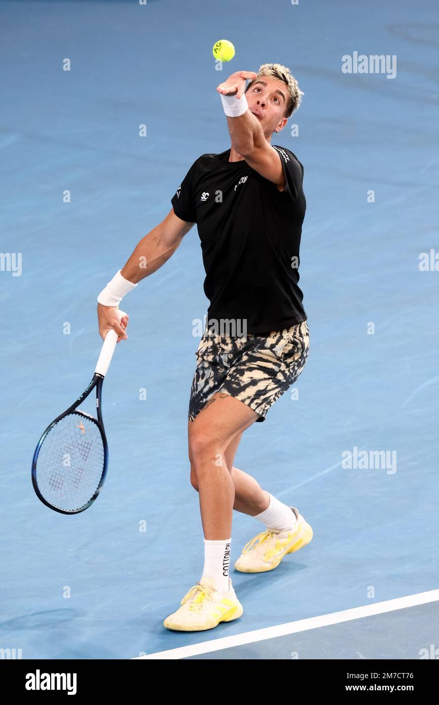 Adelaide, Australia, 9 January, 2023. Thanasi Kokkinakis of Australia serves the ball during the ...
