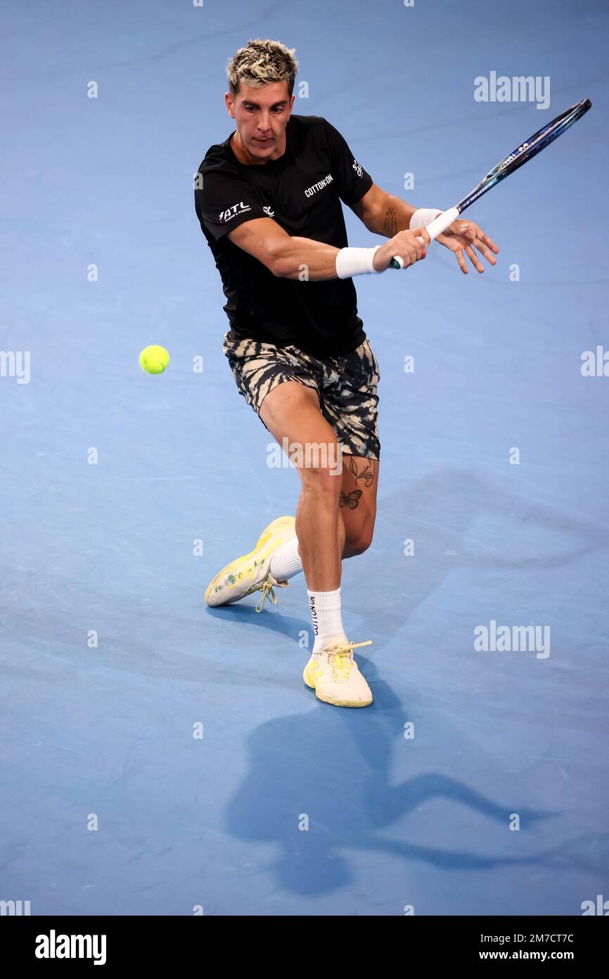 Adelaide, Australia, 9 January, 2023. Thanasi Kokkinakis of Australia plays a backhand during ...