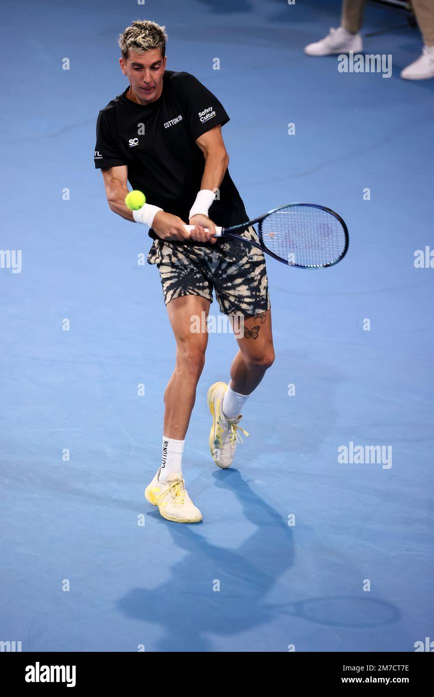 Adelaide, Australia, 9 January, 2023. Thanasi Kokkinakis of Australia plays a backhand during ...