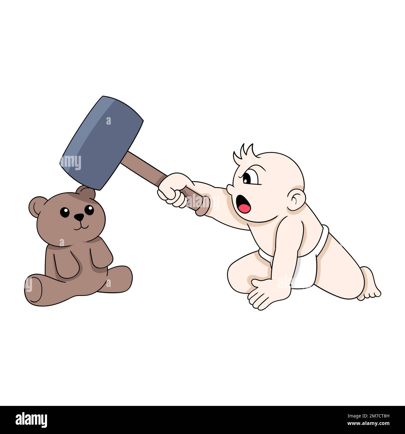 Angry baby boy holding hammer hitting him on teddy bear. vector design ...