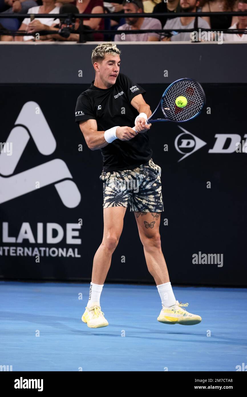 Adelaide, Australia, 9 January, 2023. Thanasi Kokkinakis of Australia hits a backhand during the ...