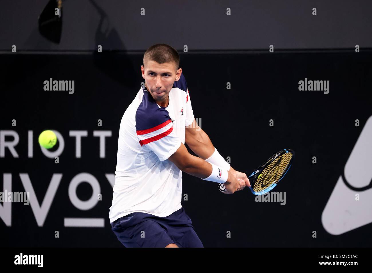 Adelaide, Australia, 9 January, 2023. Alexei Popyrin of Australia hits a backhand during the ...