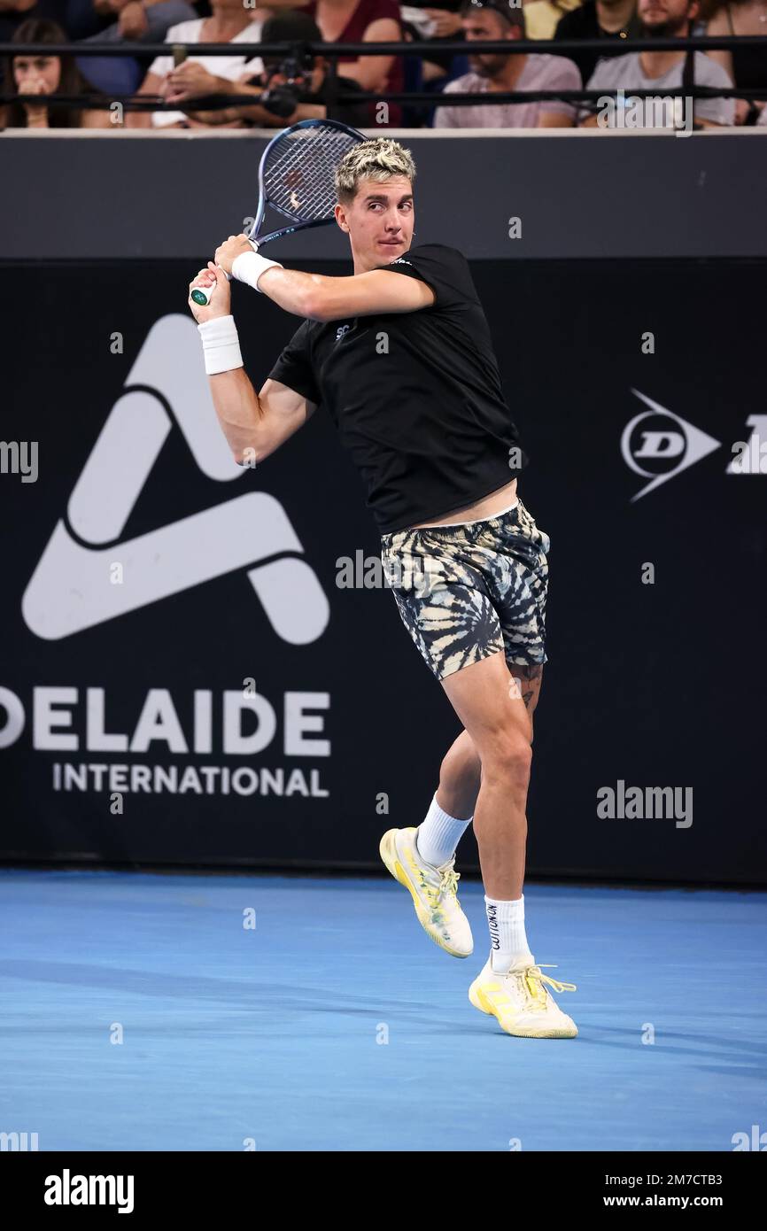 Adelaide, Australia, 9 January, 2023. Thanasi Kokkinakis of Australia hits a backhand during the ...