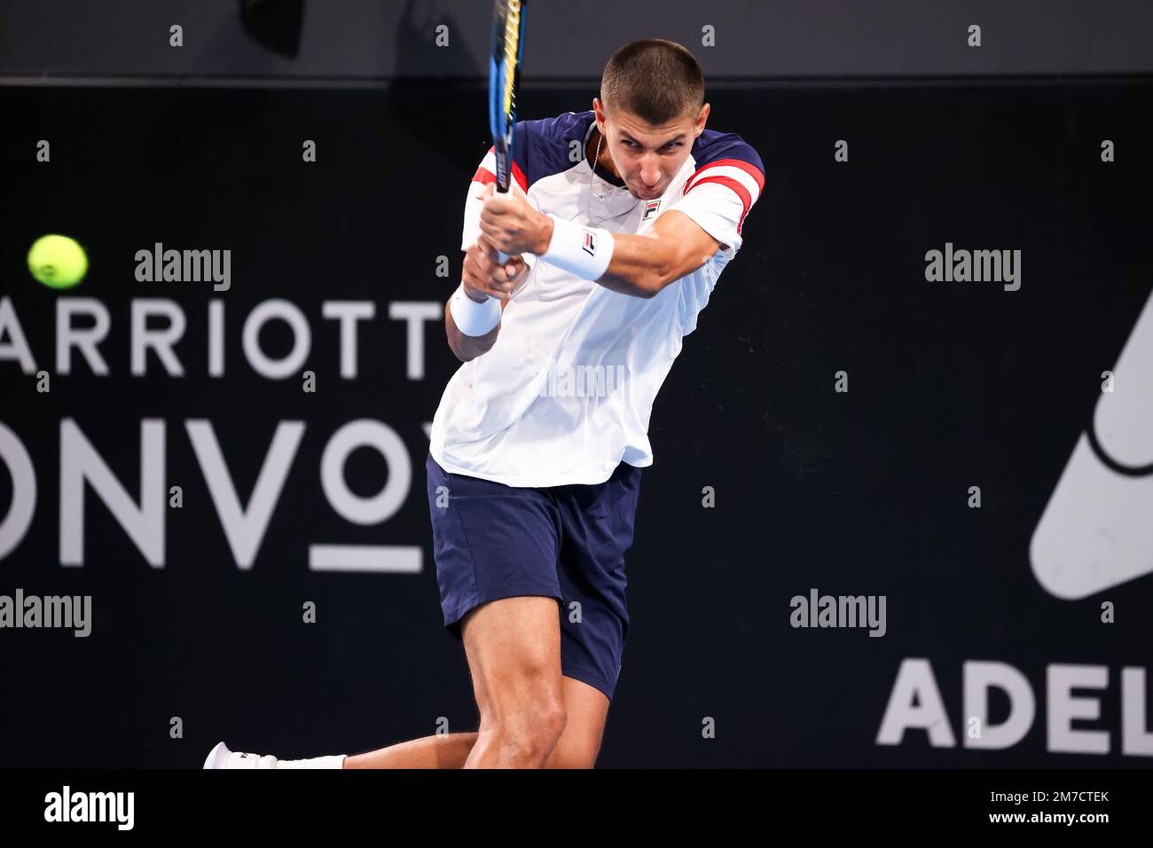 Adelaide, Australia, 9 January, 2023. Alexei Popyrin of Australia hits a backhand during the ...