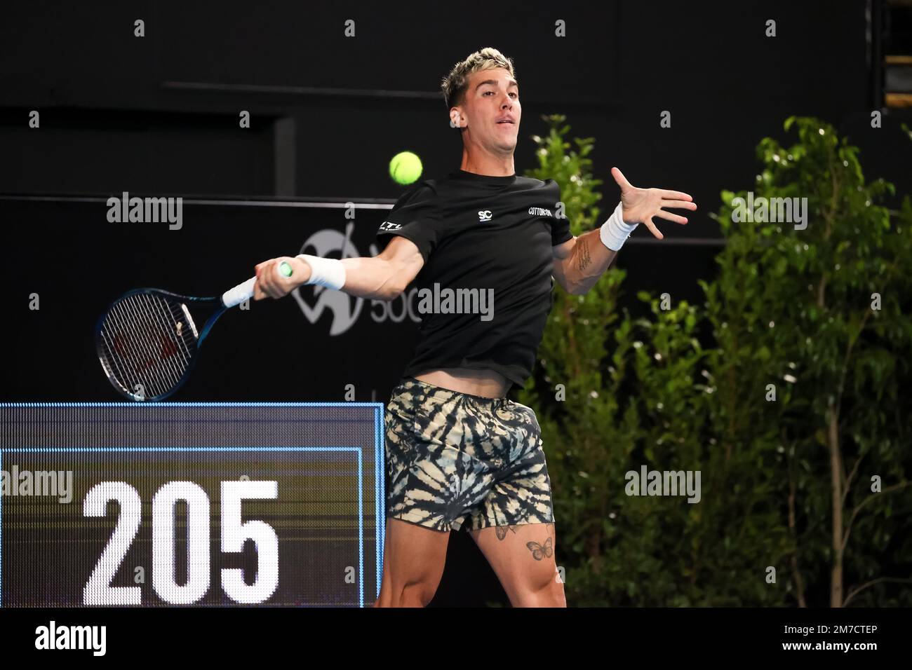 Adelaide, Australia, 9 January, 2023. Thanasi Kokkinakis of Australia plays a forehand during ...