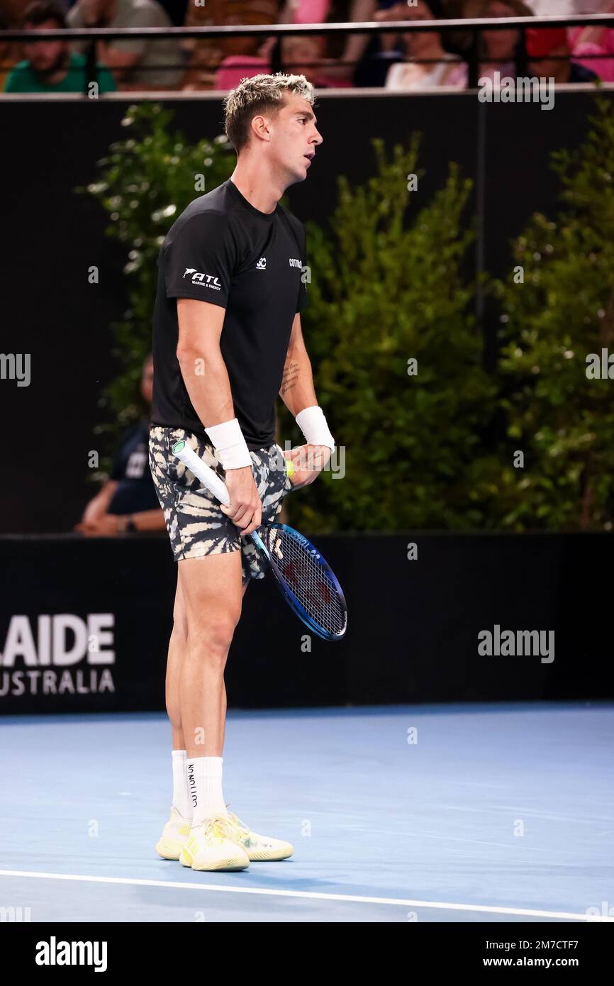 Adelaide, Australia, 9 January, 2023. Thanasi Kokkinakis of Australia reacts on a point during ...