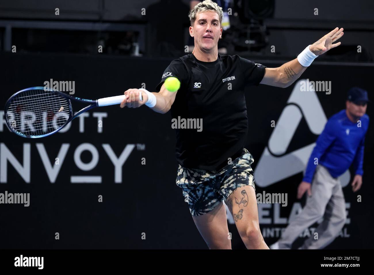 Adelaide, Australia, 9 January, 2023. Thanasi Kokkinakis of Australia plays a forehand during ...
