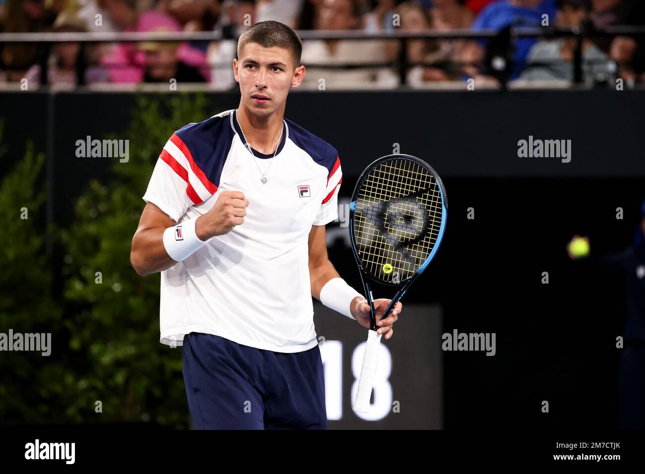 Adelaide, Australia, 9 January, 2023. Alexei Popyrin of Australia reacts on a point during the ...