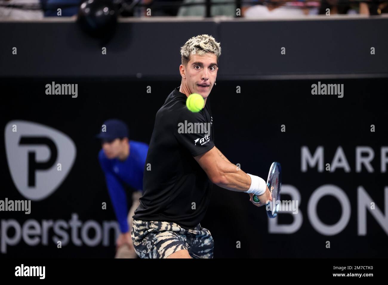 Adelaide, Australia, 9 January, 2023. Thanasi Kokkinakis of Australia hits a backhand during the ...