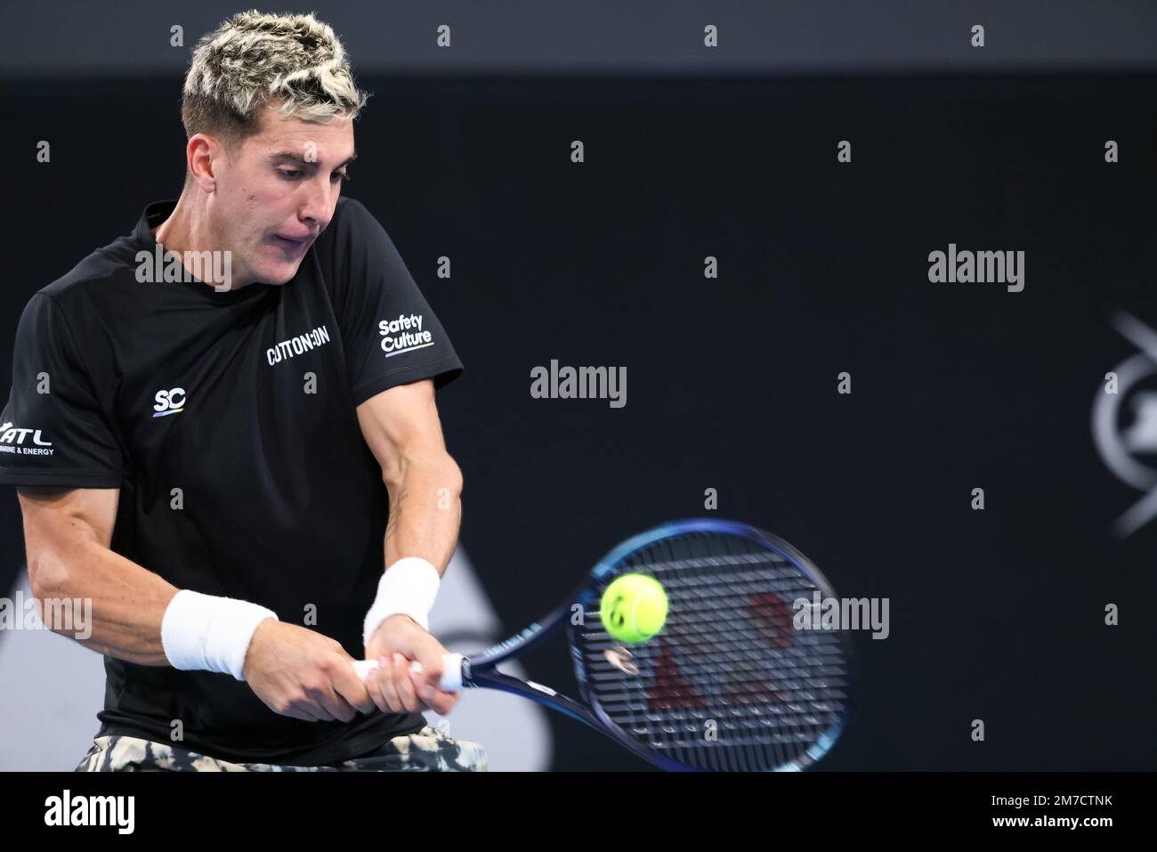 Adelaide, Australia, 9 January, 2023. Thanasi Kokkinakis of Australia hits a backhand during the ...