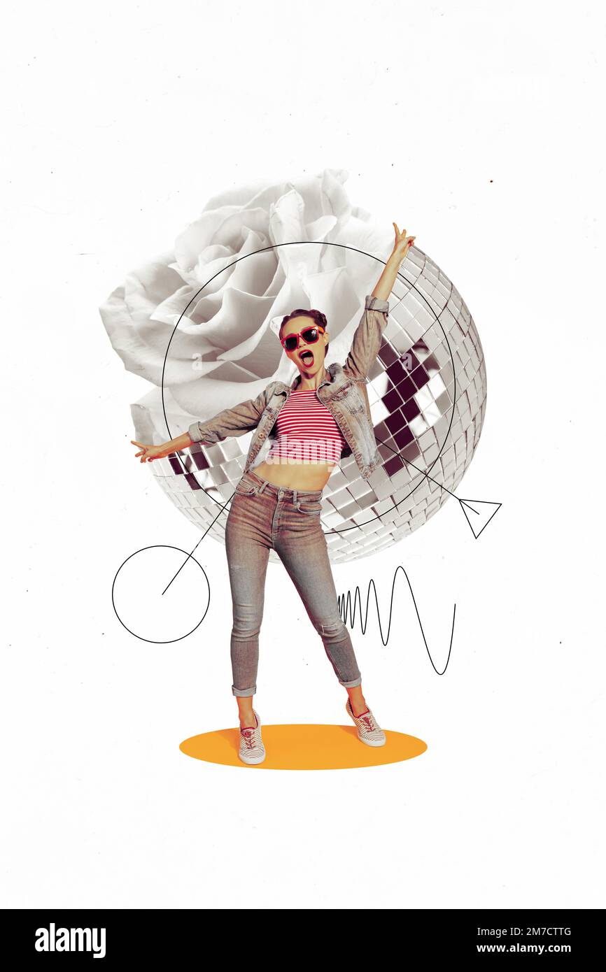 Vertical collage picture of overjoyed positive girl dancing have good ...
