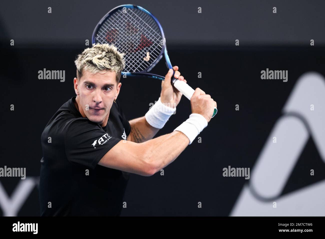 Adelaide, Australia, 9 January, 2023. Thanasi Kokkinakis of Australia hits a backhand during the ...