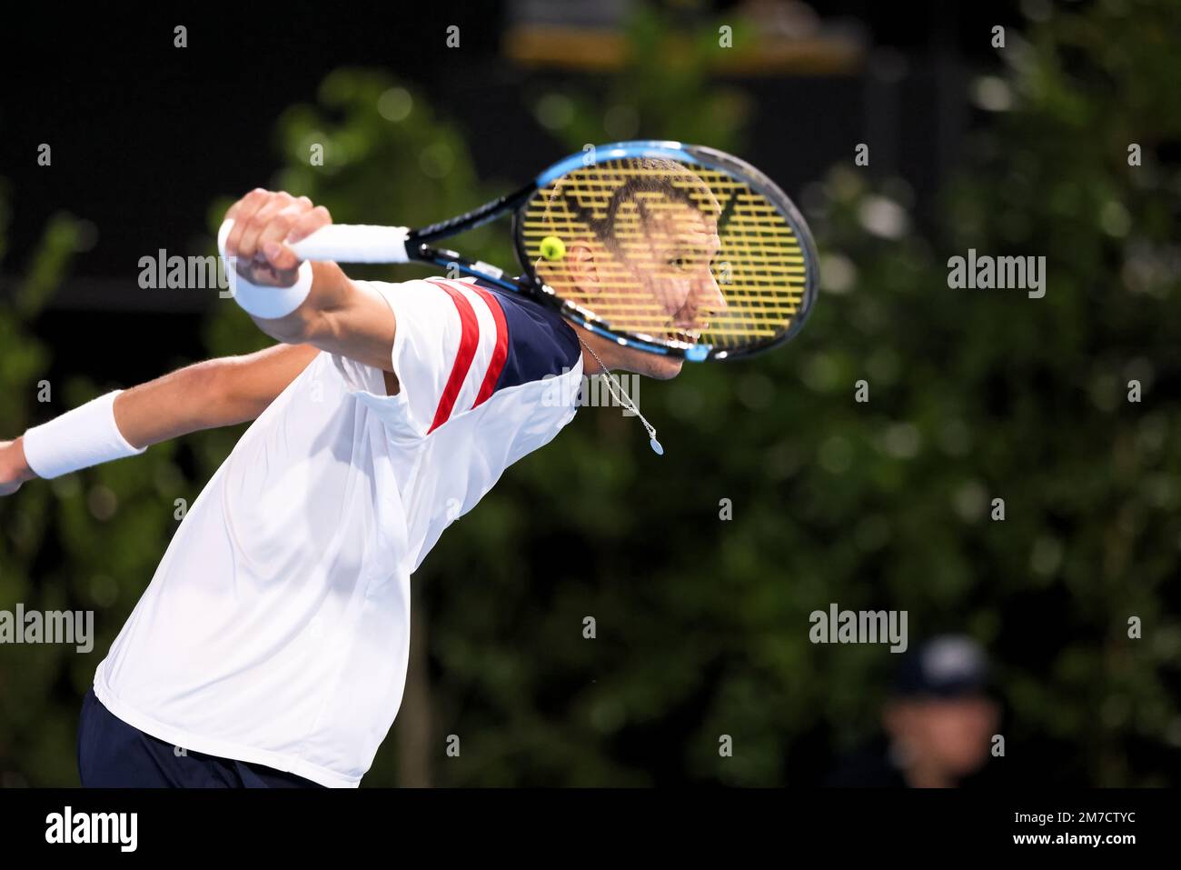 Adelaide, Australia, 9 January, 2023. Alexei Popyrin of Australia hits a backhand during the ...
