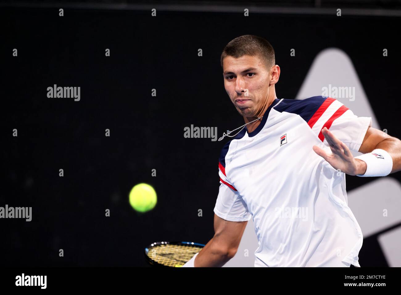 Adelaide, Australia, 9 January, 2023. Alexei Popyrin of Australia plays a forehand during the ...