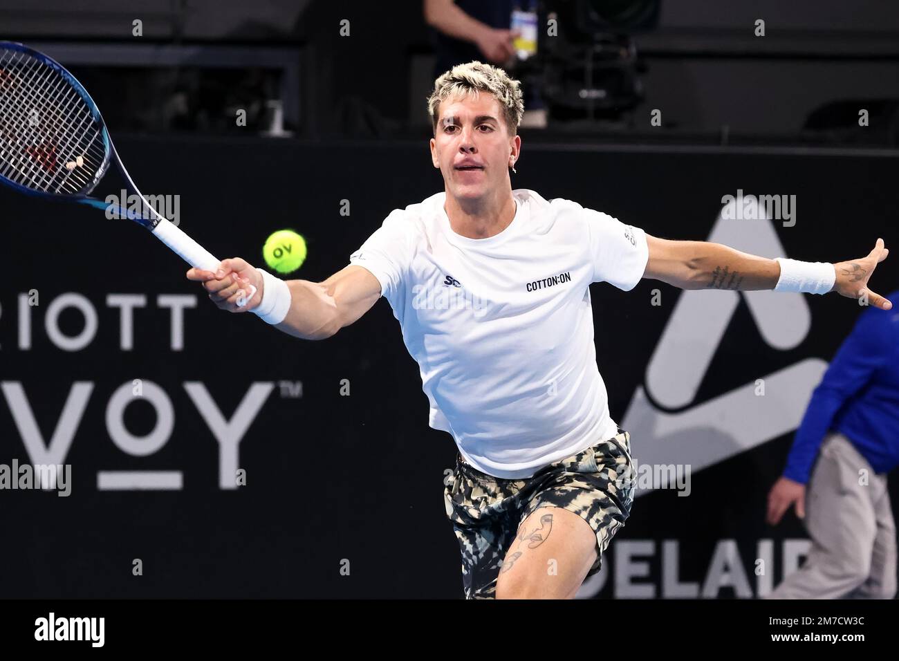 Adelaide, Australia, 9 January, 2023. Thanasi Kokkinakis of Australia plays a forehand during ...