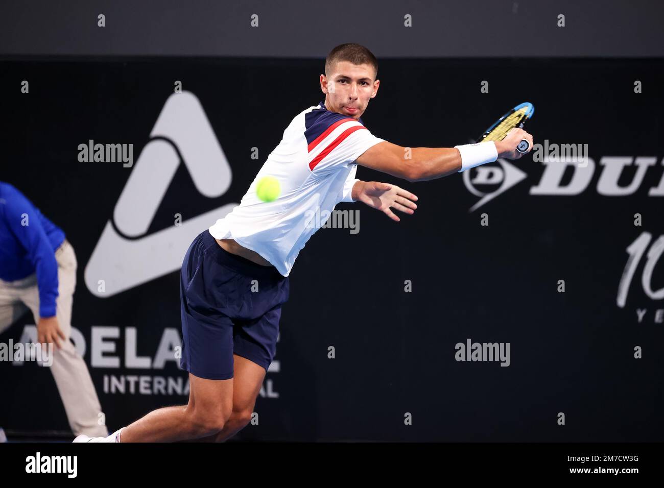Adelaide, Australia, 9 January, 2023. Alexei Popyrin of Australia hits a backhand during the ...