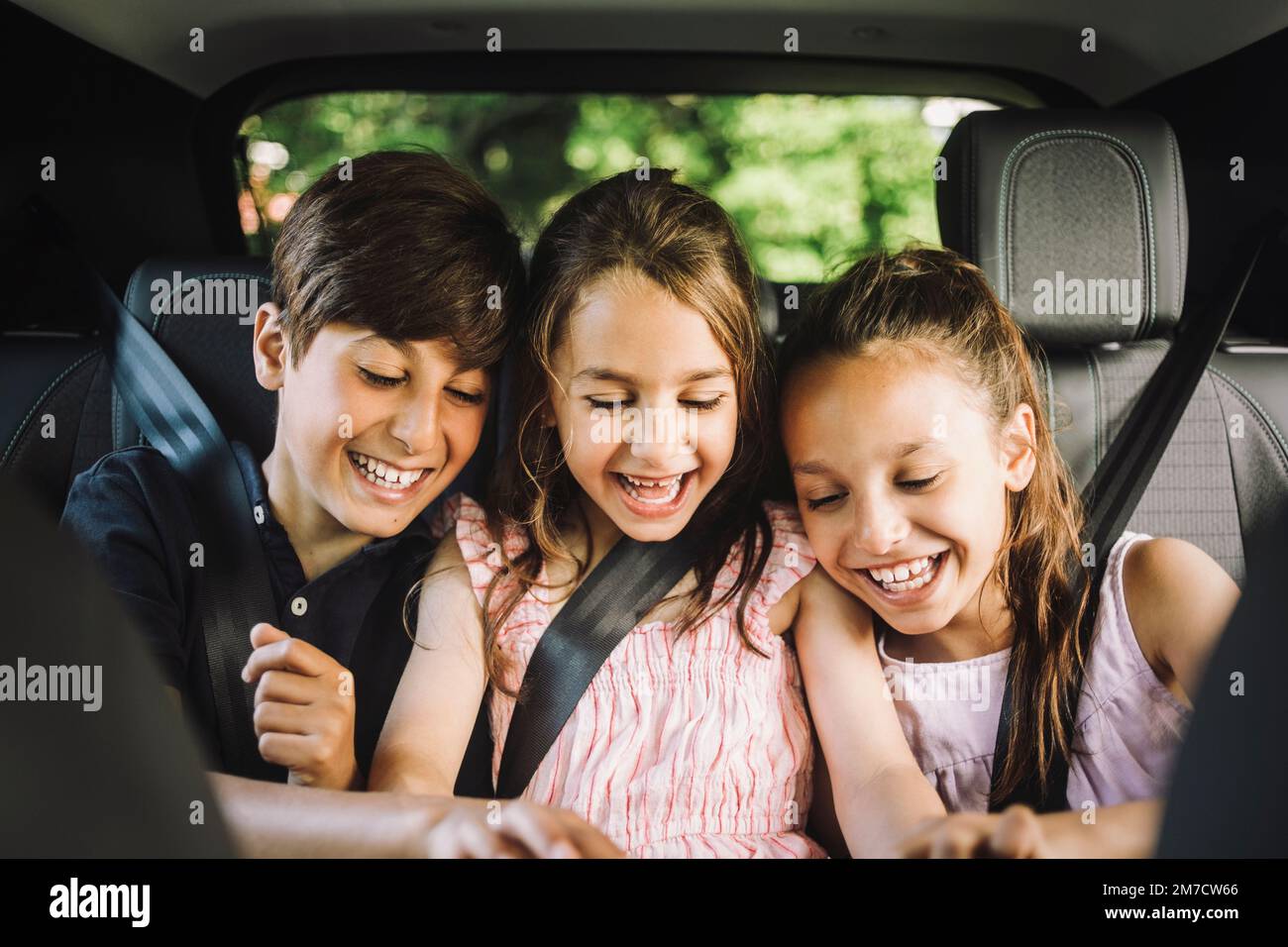 Happy male and female siblings wearing seat belt while enjoying in car ...