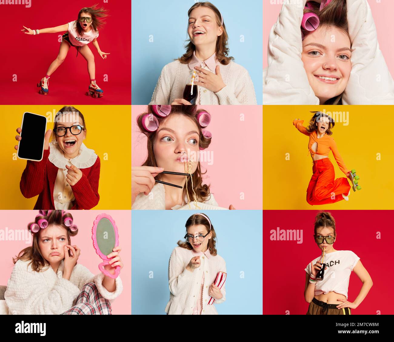 Set of young stylish girl portraits wearing diverse style outfits ...