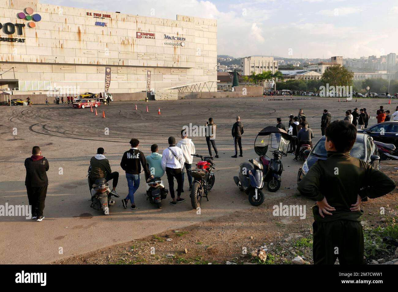 A car drifting show is seen in the outskirts of Beirut, Lebanon ...