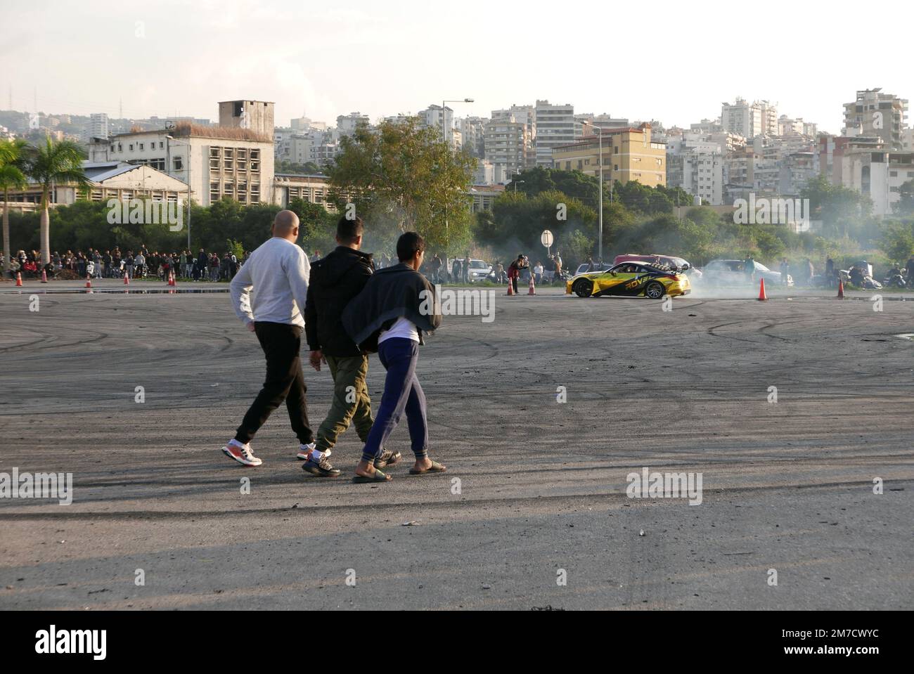 A car drifting show is seen in the outskirts of Beirut, Lebanon ...