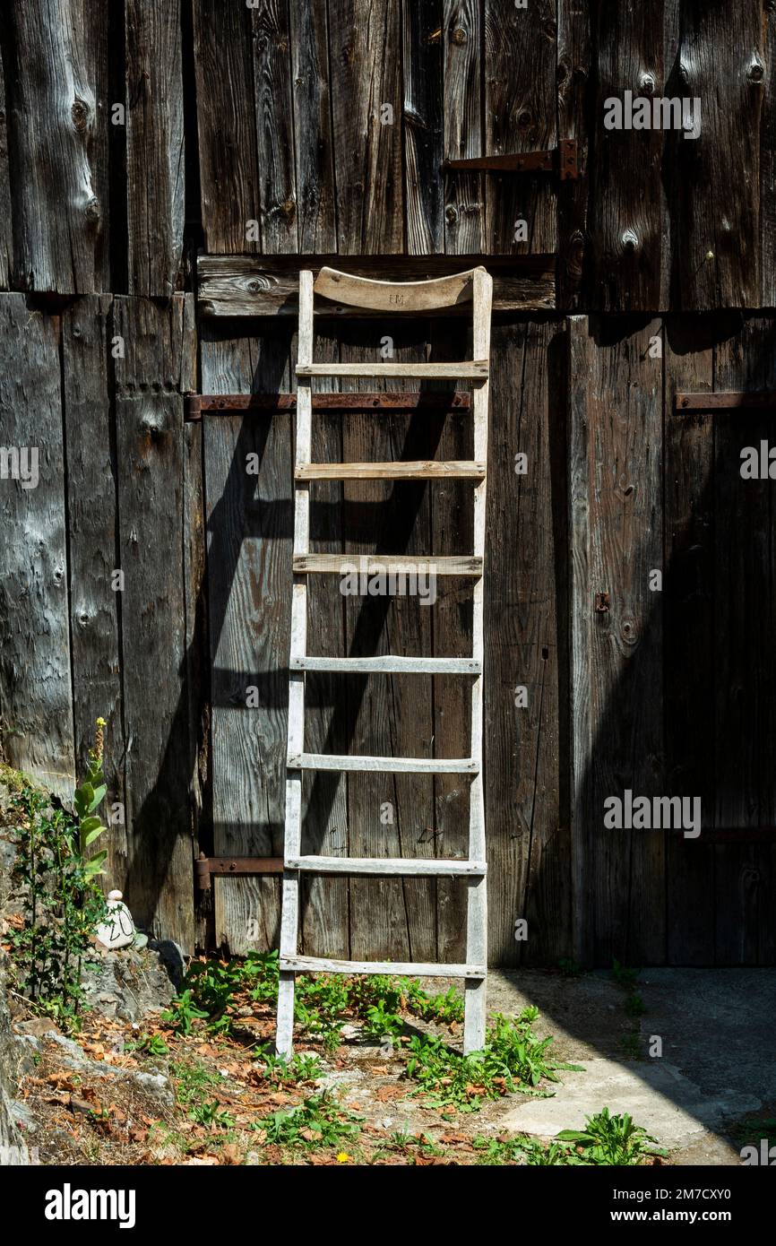 A vertical closeup of a wooden ladder leaned on a dark wood fence in a ...
