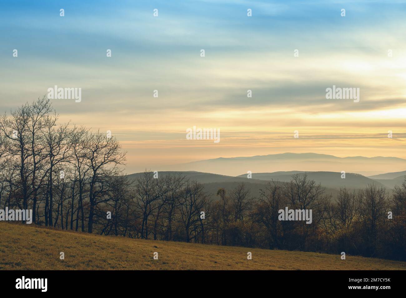 Late autumn landscape.Sunset over hills and silhouettes of trees Stock ...