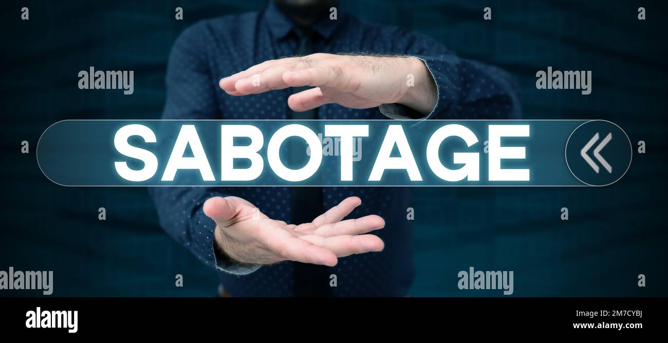 Conceptual caption Sabotage. Word Written on destruction of an employer ...