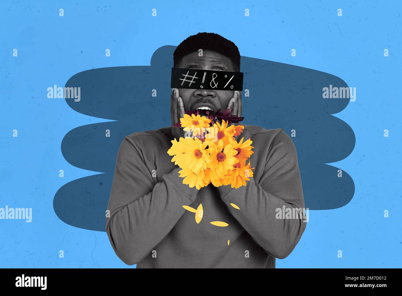 Composite collage photo of young man afraid nervous touch cheeks ...