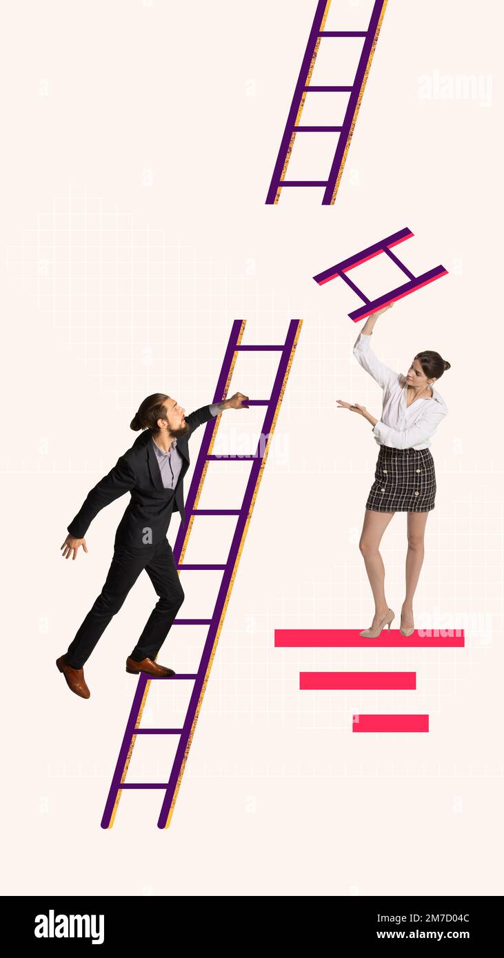 Contemporary art collage. Conceptual design. Man climbing upwards the ...