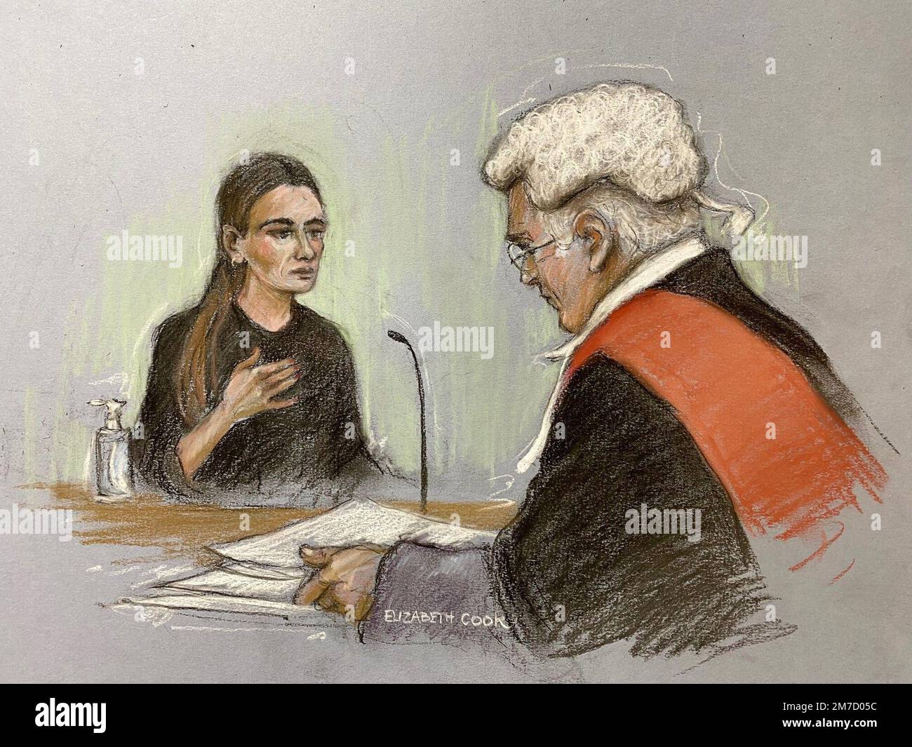 Court artist sketch by Elizabeth Cook of Peta Cavendish giving evidence ...