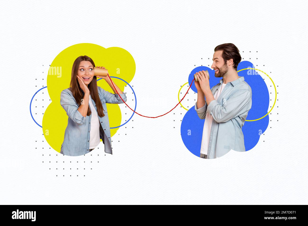 Creative collage image of two cheerful excited people talk listen wire ...