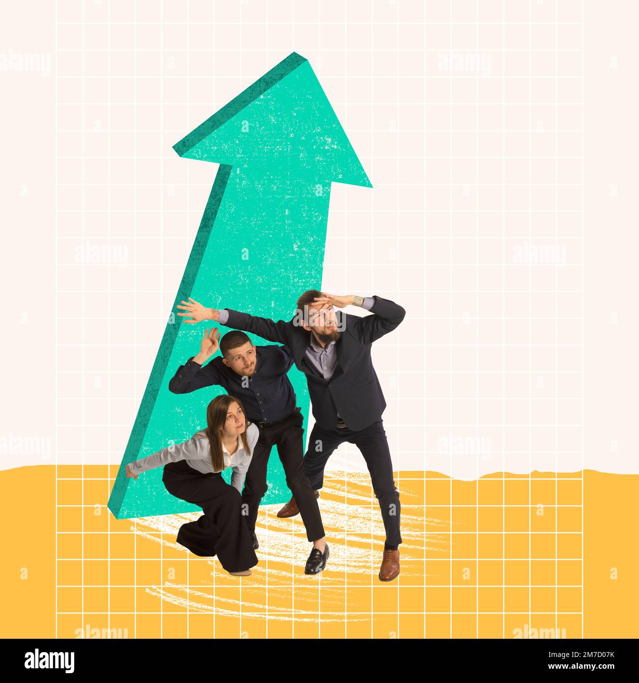 Contemporary art collage. Conceptual design. Employees holding big ...