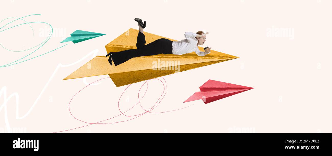 Contemporary art collage. Conceptual design. Employee flying on paper ...