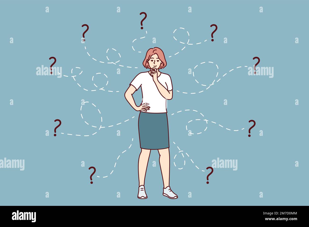 Thoughtful woman solves difficult business problem and scratches chin ...