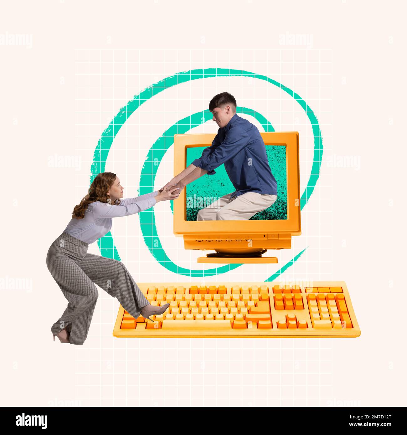 Contemporary art collage. Conceptual design. Man, employee pulling ...